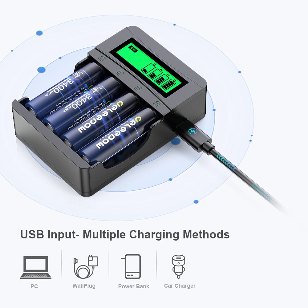 Deleepow Rechargeable AA Batteries with Charger, 3400mWh 1.5V, 2H Fast Charge Long Lasting for Household, Cordless Phones, Remote Controls, Electronics, 4 Packs