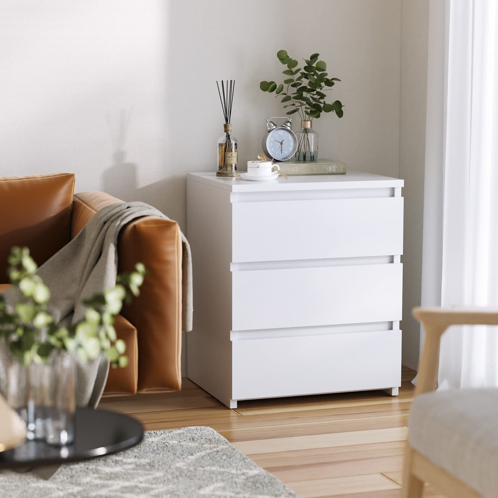FOTOSOK White Nightstand with 3 Drawers, White Bedside Table Night Stand for Bedroom with Cut-Out Handle, Sofa Side Table 3 Drawer Nightstand for Bedroom, 17.7W*15D*21.7H