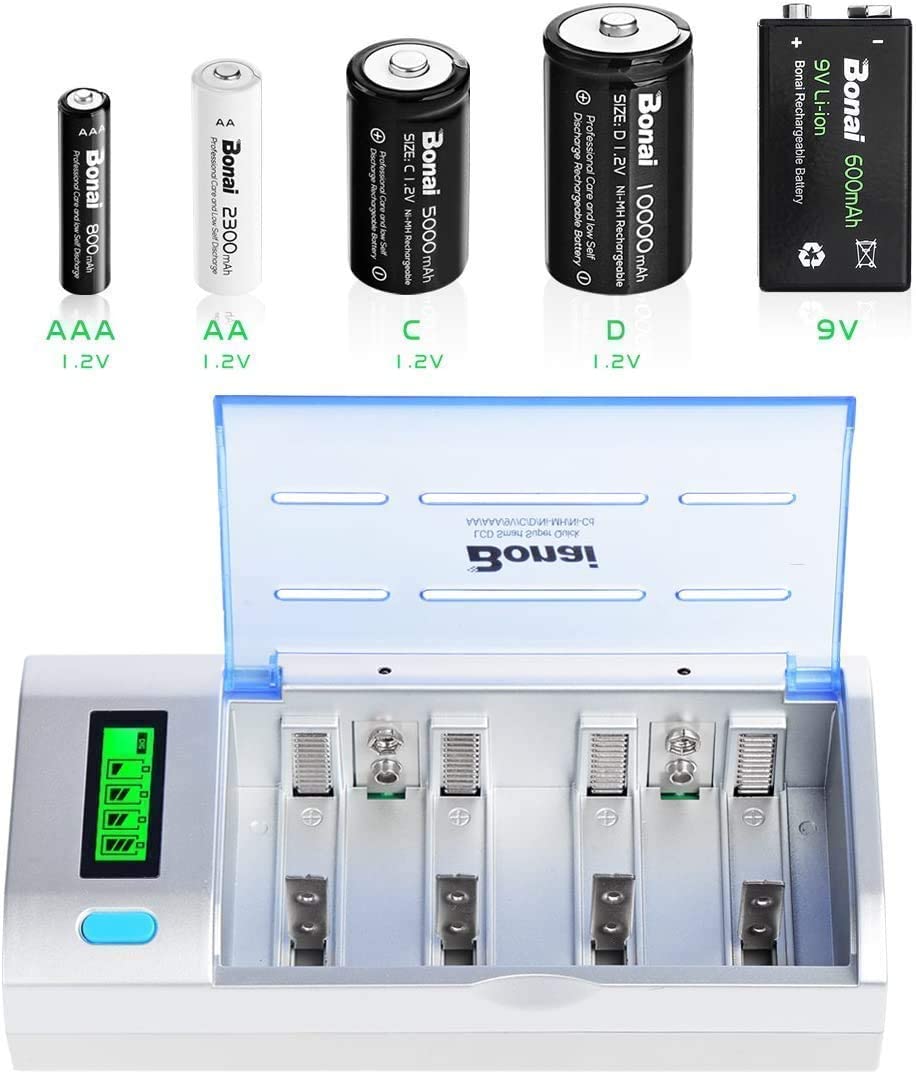 BONAI LCD Universal Battery Charger - Discharge Function - for Ni-MH Ni-CD AA, AAA, C, D, 9V Rechargeable Batteries with Rechargeable AA Batteries 2800mAh 1.2V Low Self Discharge (Pack of 8)