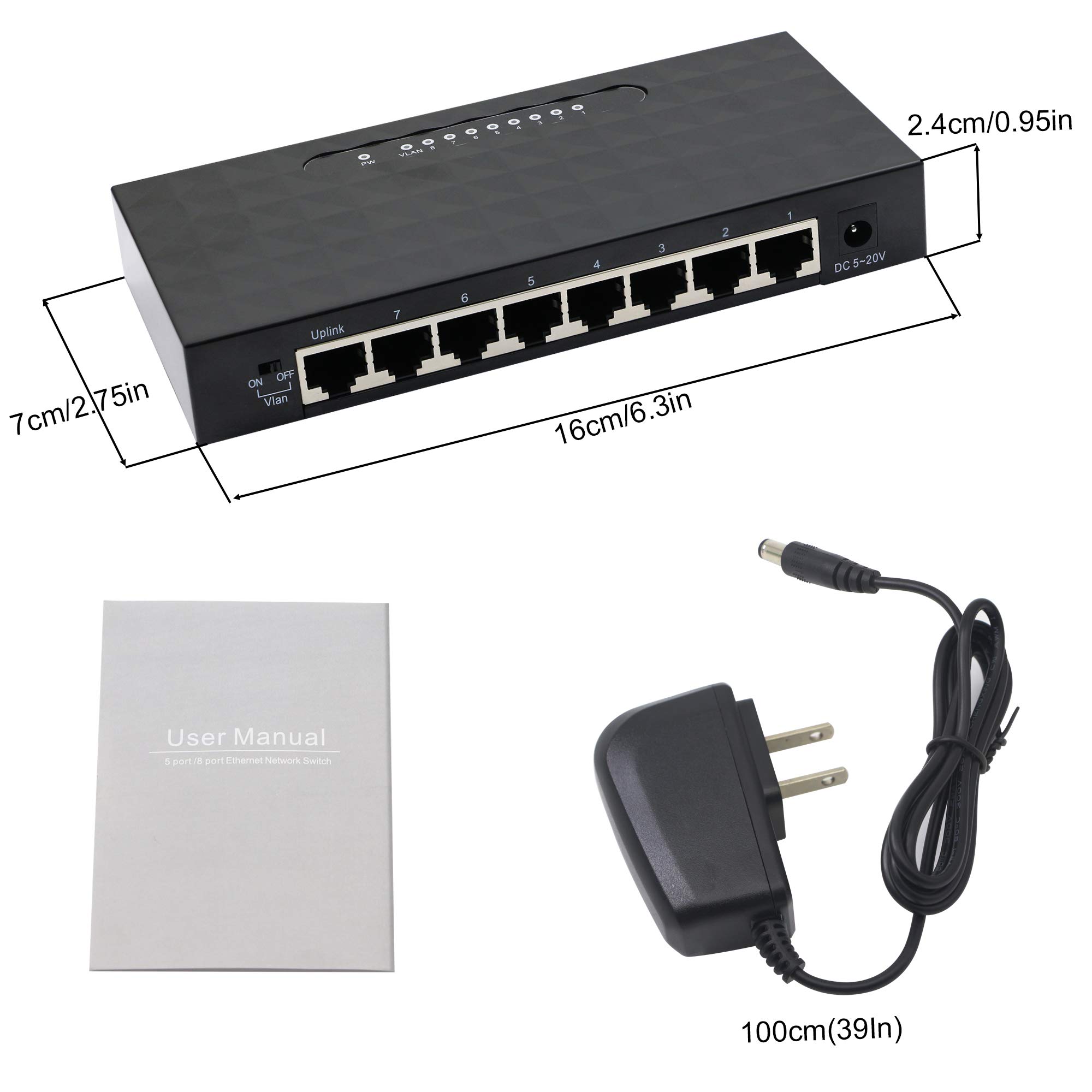 8 Port Gigabit Switch,Unmanaged 10/100/1000Mbps Network Hub Ethernet Splitter,Plug and Play,Quiet Fanless,for Office and Home Entertainment.