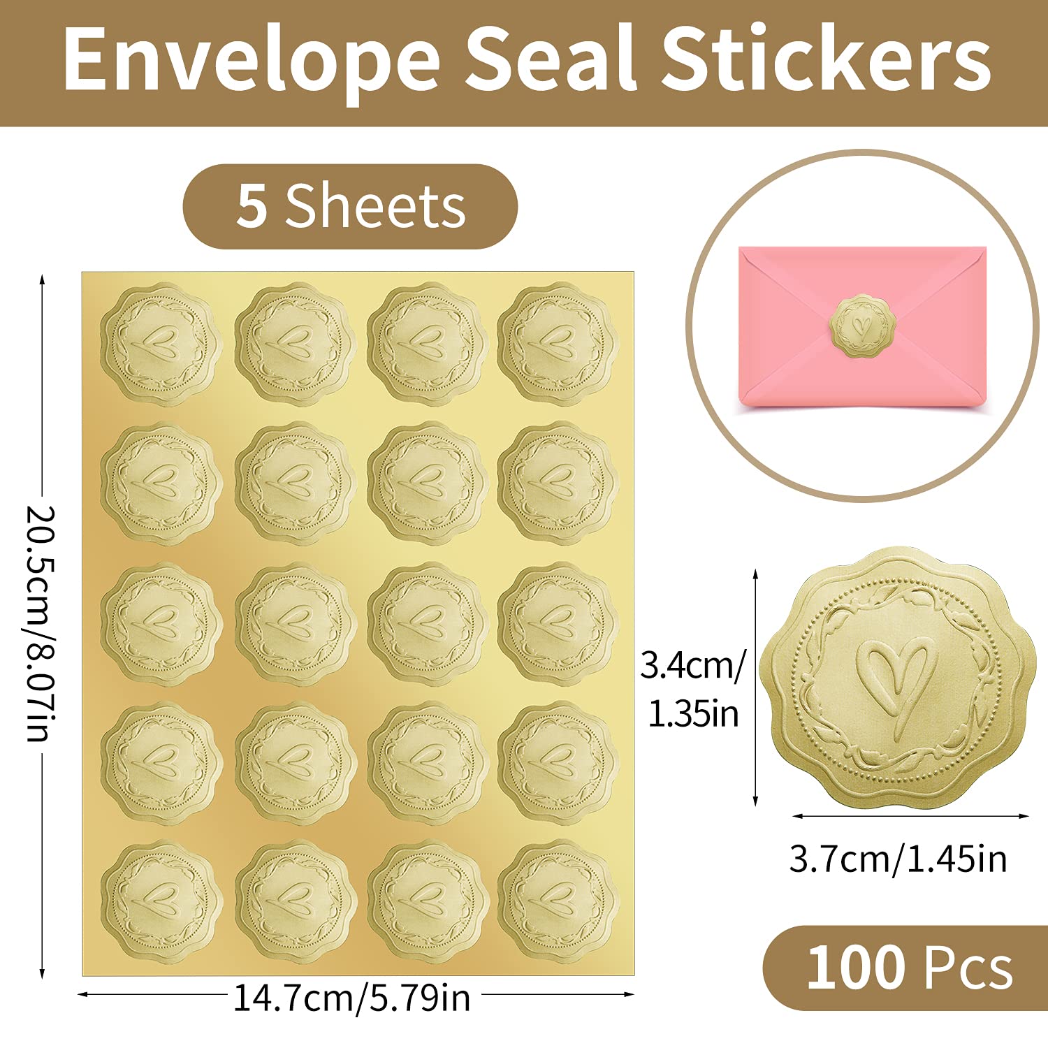300 Parks Gold Heart Stickers Gold Embossed Heart Envelope Seals Wax Stickers Gold Embossed Envelope Stickers - Gold Stickers for Envelopes, Wedding Stickers Greeting DIY Decoration