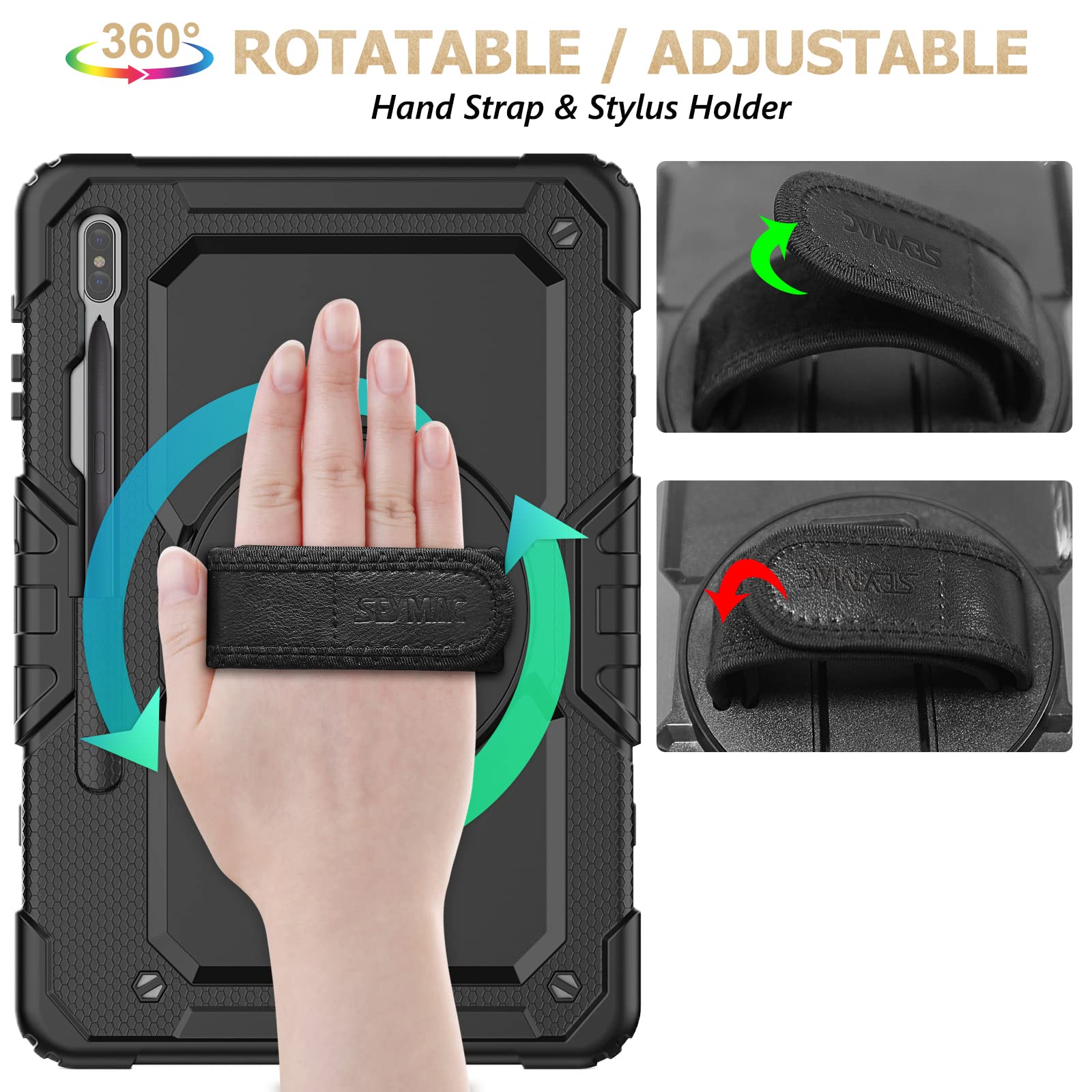 SEYMAC stock Case for Samsung Galaxy Tab S7 FE / S8 Plus 5G Case 12.4'' with Screen Protector Pencil Holder [360 Rotating Hand Strap] &Stand, Drop-Proof, Black