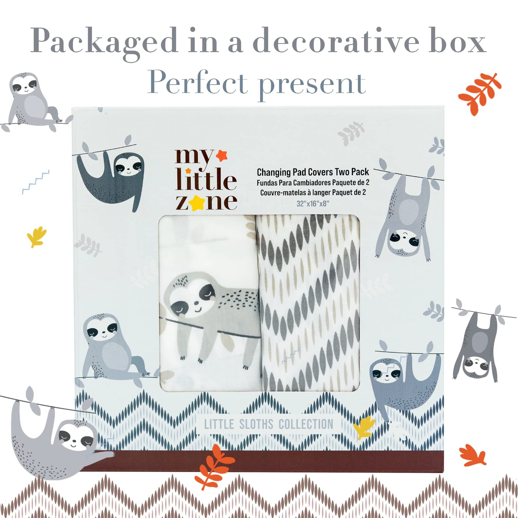 My Little Zone 100% Cotton Changing Pad Cover for Baby Boys and Girls, Chevron - Breathable Bassinet, Mini Crib Mattress Fitted Sheets - Little Sloth, 32"x16" with 8" Deep Pocket, White-Grey, 2 Pack