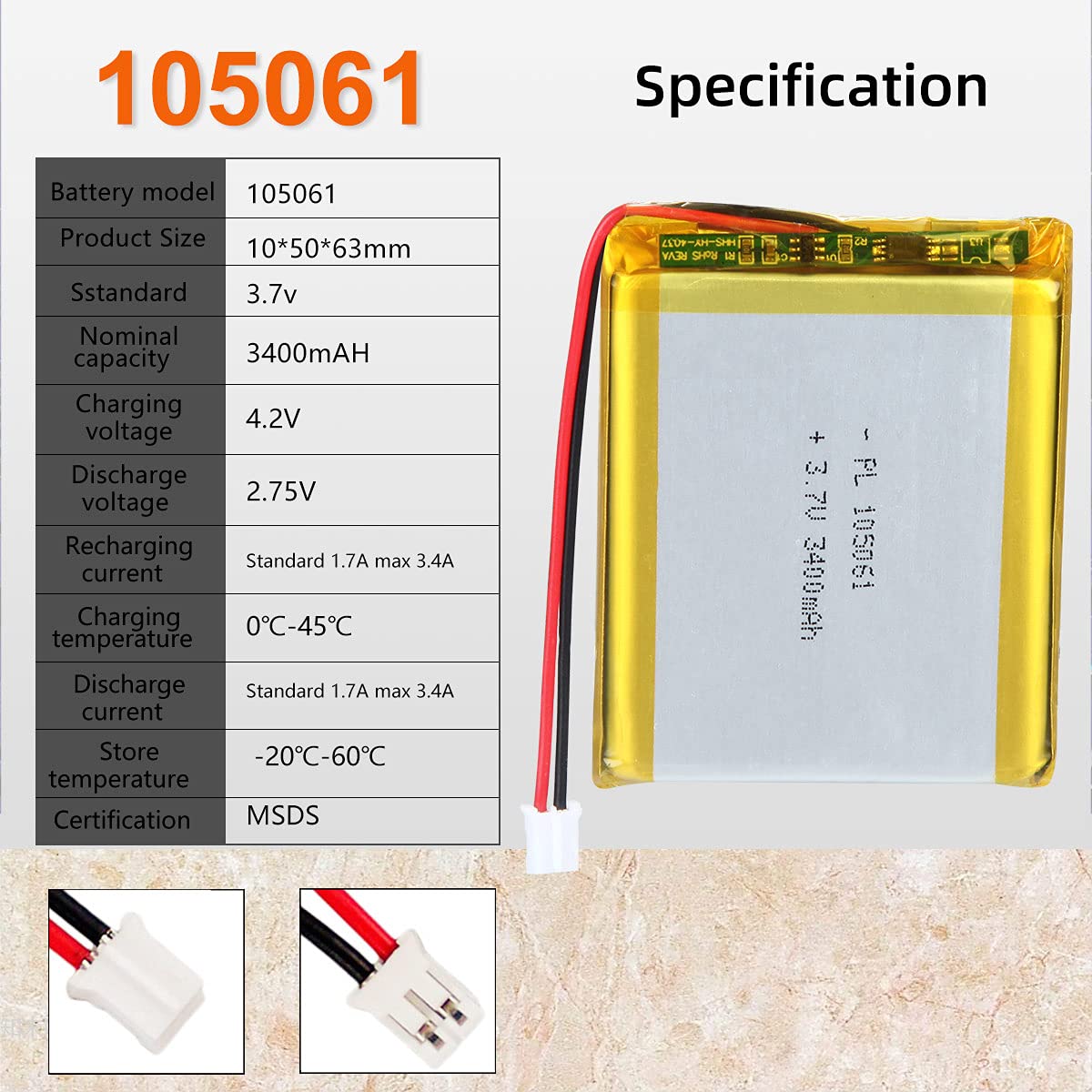 AKZYTUE 3.7V 3400mAh 105061 Lipo battery Rechargeable Lithium Polymer ion Battery Pack with JST Connector
