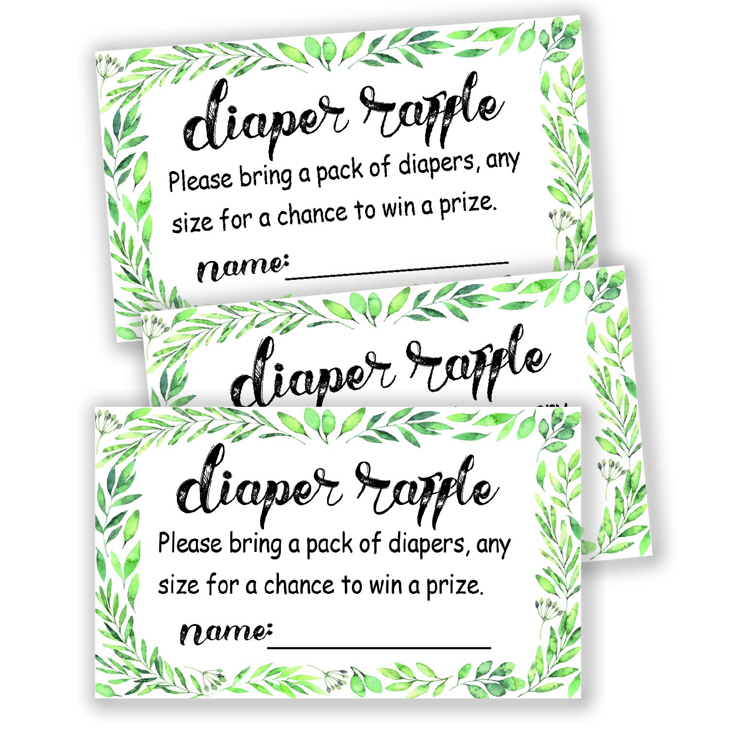 50 Greenery Leaf Baby Shower Diaper Raffle Tickets, Lottery Insert Cards for Neutral Gender Reveal Party, Bring a Pack of Diapers to Win Favors.