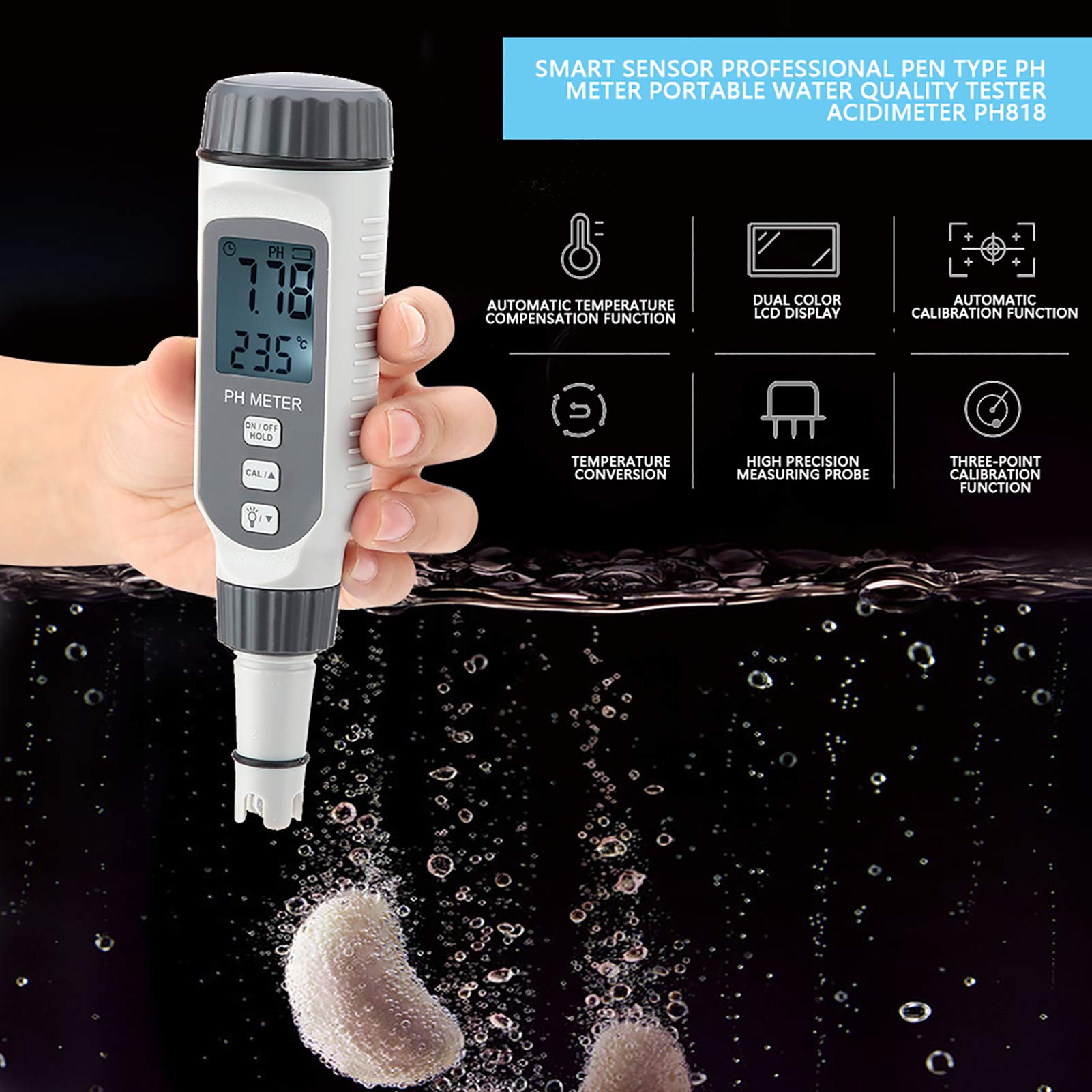 Meter, Tester Portable Water Quality Test Pen Acidimeter PH818 with Large LCD Display for Industrial Electrical and