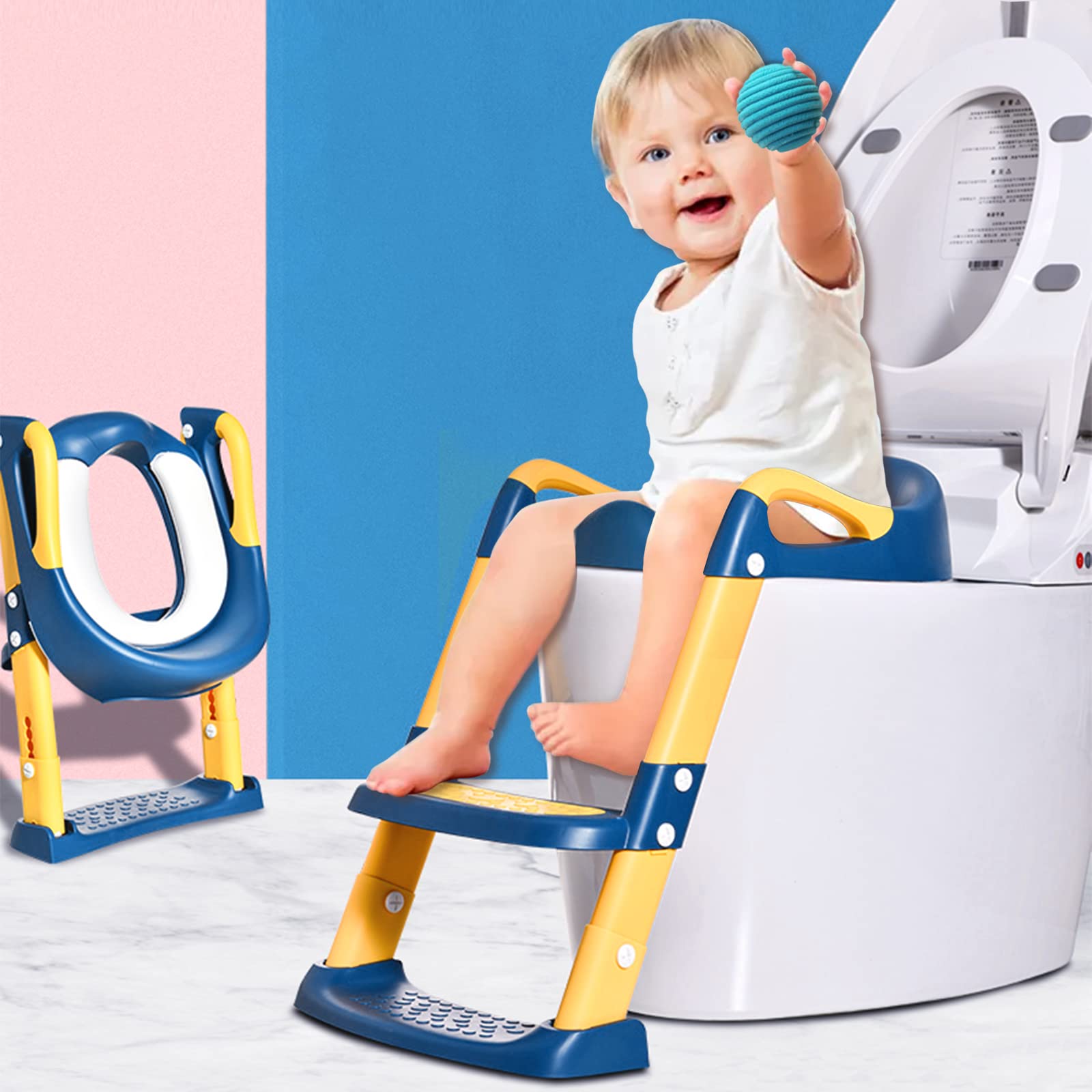 Potty Training Toilet Seat with Step Stool Ladder PU Padded, MateYunkids Foldable Potty Training Chair Seats with Safety Handle, Anti-slip Step Stool Pads for Kids Toddlers