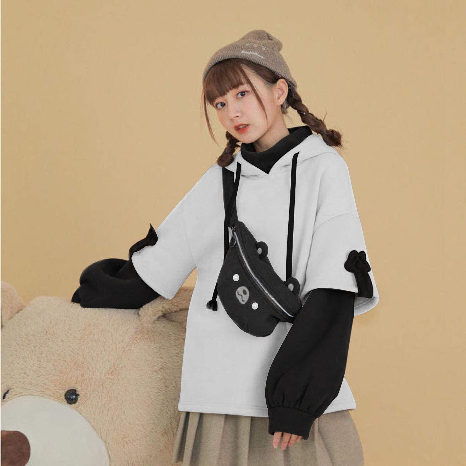 Mimacoo Cute Bear Hoodies for Teen Girls Brown Sweatshirt Long Sleeve Shirts Oversized Pullover with Personality Bag