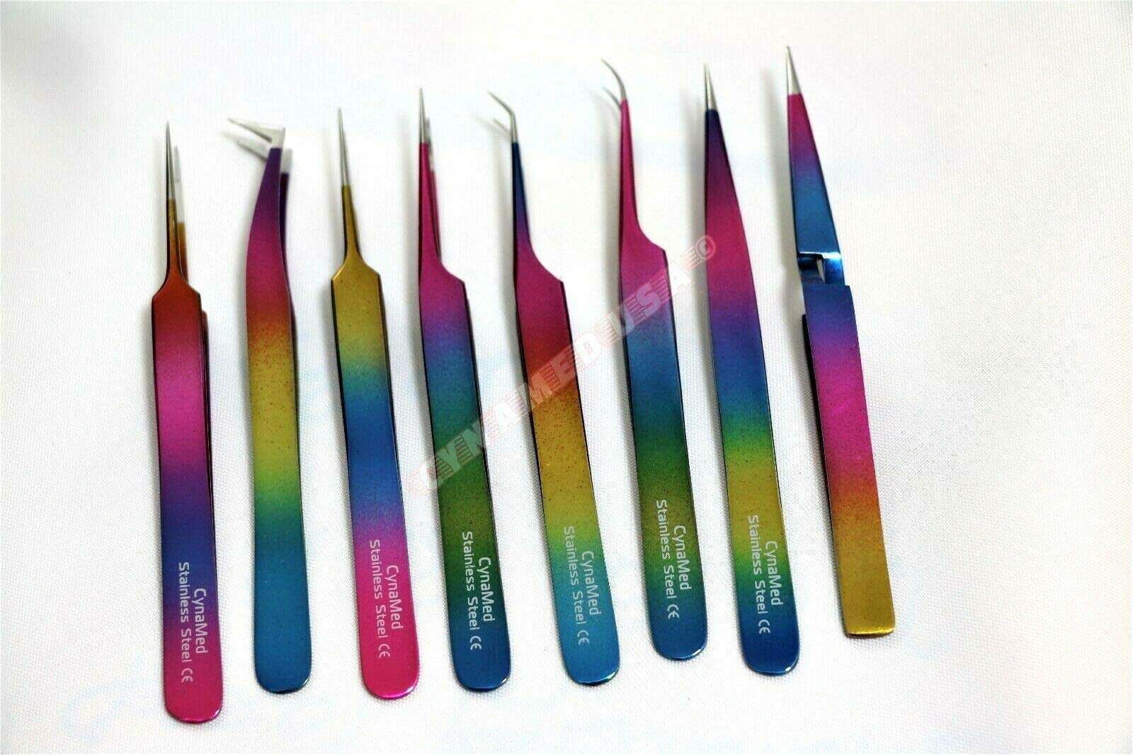 Cynamed -Set of 8 pcs High Precision Multi Rainbow Color German Stainless Steel 3D 5D 6D Volume False Eyelash Extension Tweezers