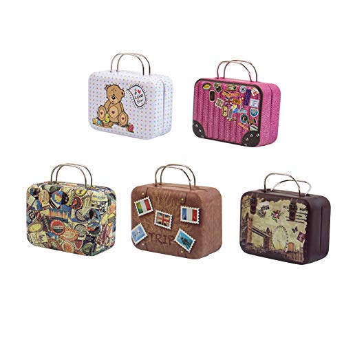AUEAR, 5 Pack Vintage Mini Suitcase Boxes Candy Box Tin Plate Gift Box Coin Storage Container with Hinged Lids for Party Wedding Decoration (Style A)