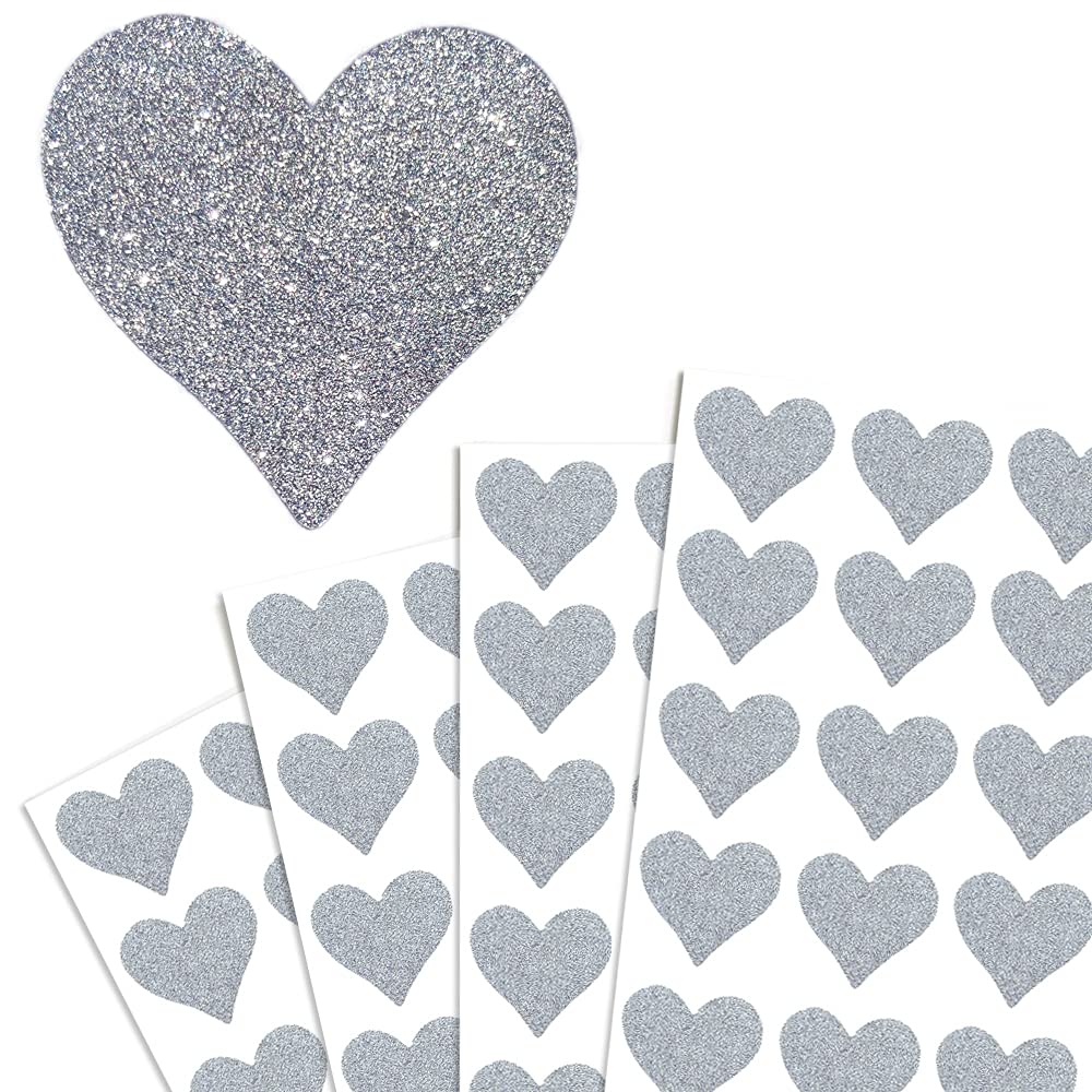 Royal Green Glitter Heart Stickers Silver Labels Perfect for Parties, Envelope Seals, Thank You, Party Favor Bags, Treat Bag Seals, and Gift Boxes 1.5" x 1.75" - 144 Pack