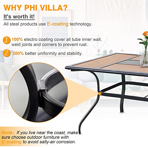PHI VILLA 7 Piece Outdoor Dining Table Set, 61"x37" Rectangular Dining Table with Wood Top & 1.56β Umbrella Hole and 6 Metal Chairs for Patio, Deck