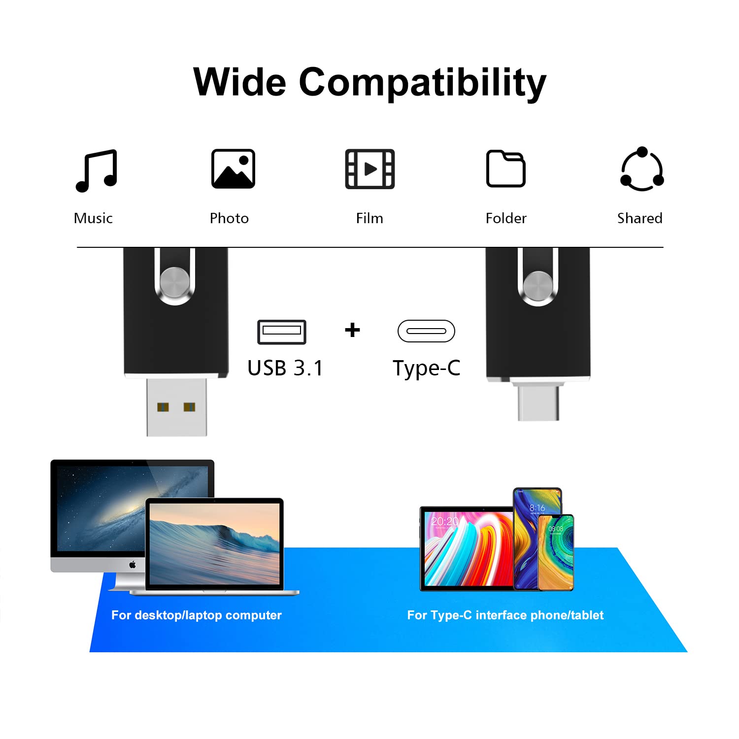 JOIOT 128GB USB C Flash Drive Dual USB 3.2 Flash Drive Type C + USB A Portable Type-C Flash Drive 2-in-1 USB-C Thumb Drive for Smartphone Tablet Computer Mac iPhone