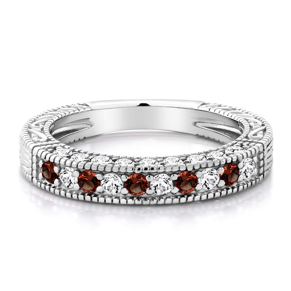 1.00 Ct Garnet and White Created Sapphire 925 Sterling Silver Ladies Anniversary Wedding Band Ring,Red and White, ring size 7
