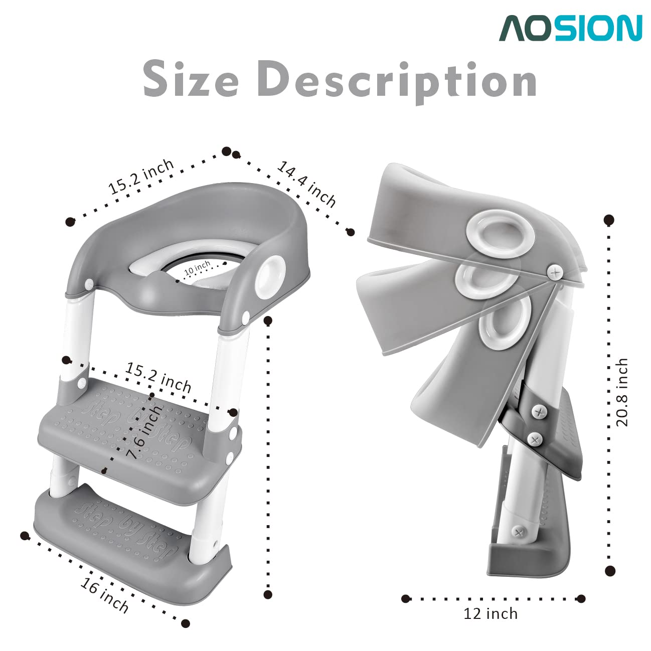 AOSION-Potty Training Seat with Step Stool Ladder, Potty Seat with Ladder for Kids,Adjustable Toddler Toilet Training Seat for Boys and Girls with Non-slip Soft Pads,Safety Handle (Grey)