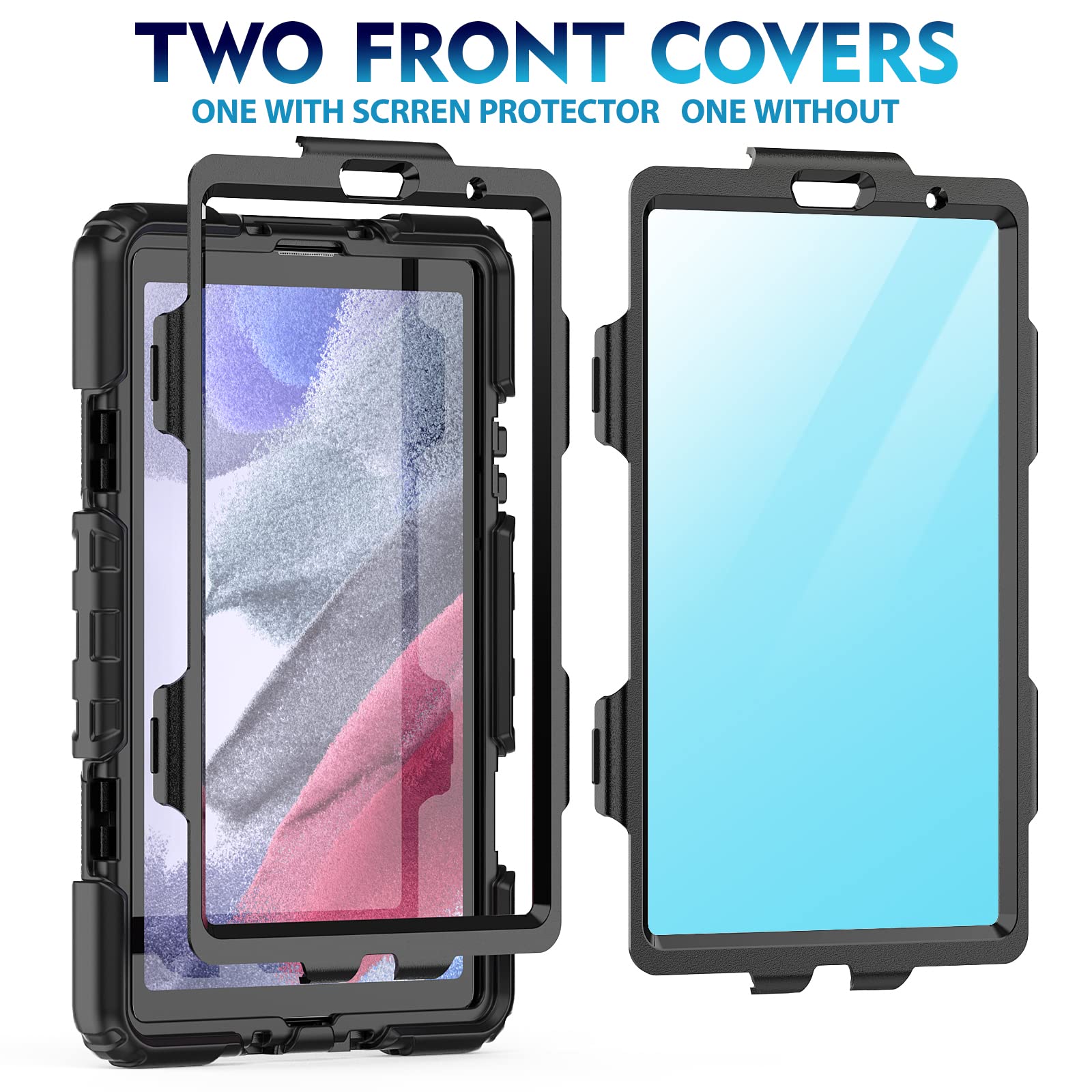 Timecity Case for Samsung Galaxy Tab A7 Lite 2021 8.7'' SM-T220/T225/T227 with Screen Protector, Heavy Duty Rugged Full-Body Protective Case with 360 Rotating Stand, Hand/Shoulder Strap Case, Black