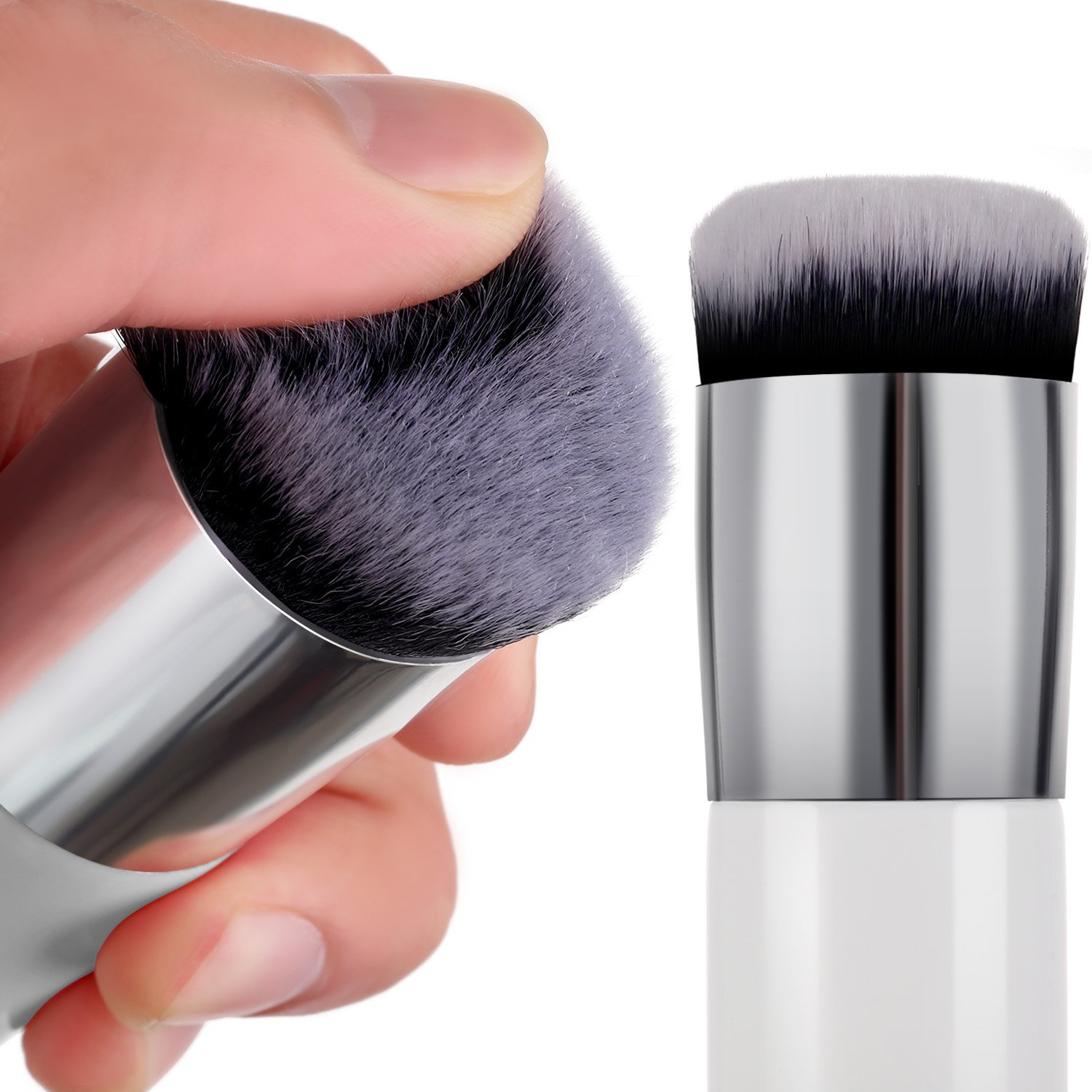2 Pieces Foundation Brush Chubby Makeup Brush Kabuki Makeup Brush Travel Powder Brush for Blending Liquid, Cream or Powder Cosmetics (white and rose gold, pink and silver)