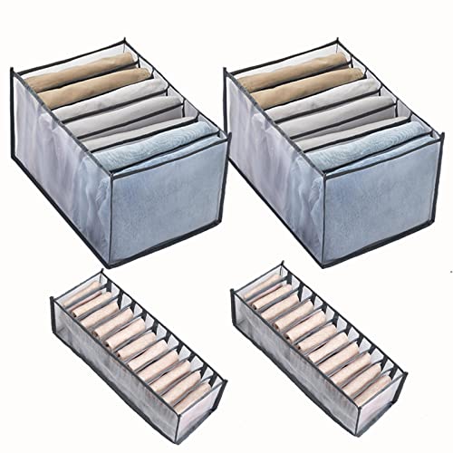 4Packs Wardrobe Clothes Organizer, Washable Drawer organizer Clothes, Folded Clothes Storage Organizer for Bedroom Dorm Room (4Packs:2Jeans+2Socks, Gray)