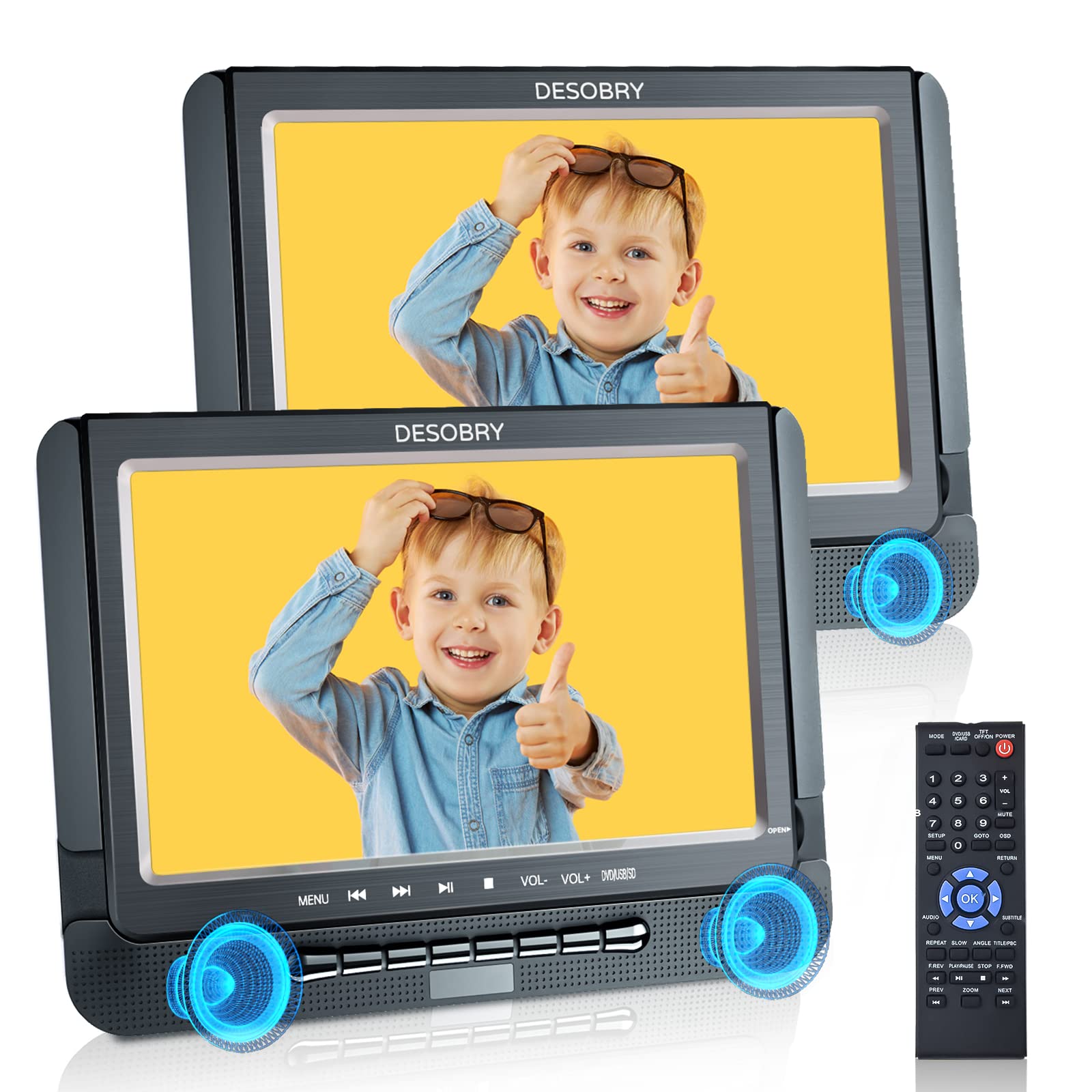 10” Dual Screen Portable DVD Player for Car DESOBRY, Rechargeable Portable DVD Player for Car 2 Screens Support USB/TF Card, Dual Screen DVD Player for Car with Last Memory, HD Transmission