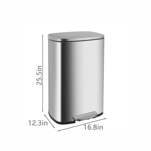 13 Gallon Trash Can, Fingerprint Proof Stainless Steel Kitchen Garbage Can with Hinged Lids & Removable Inner Bucket and Durable Pedal, Pedal Rubbish Bin for Home Office Indoor Outdoor, Silver