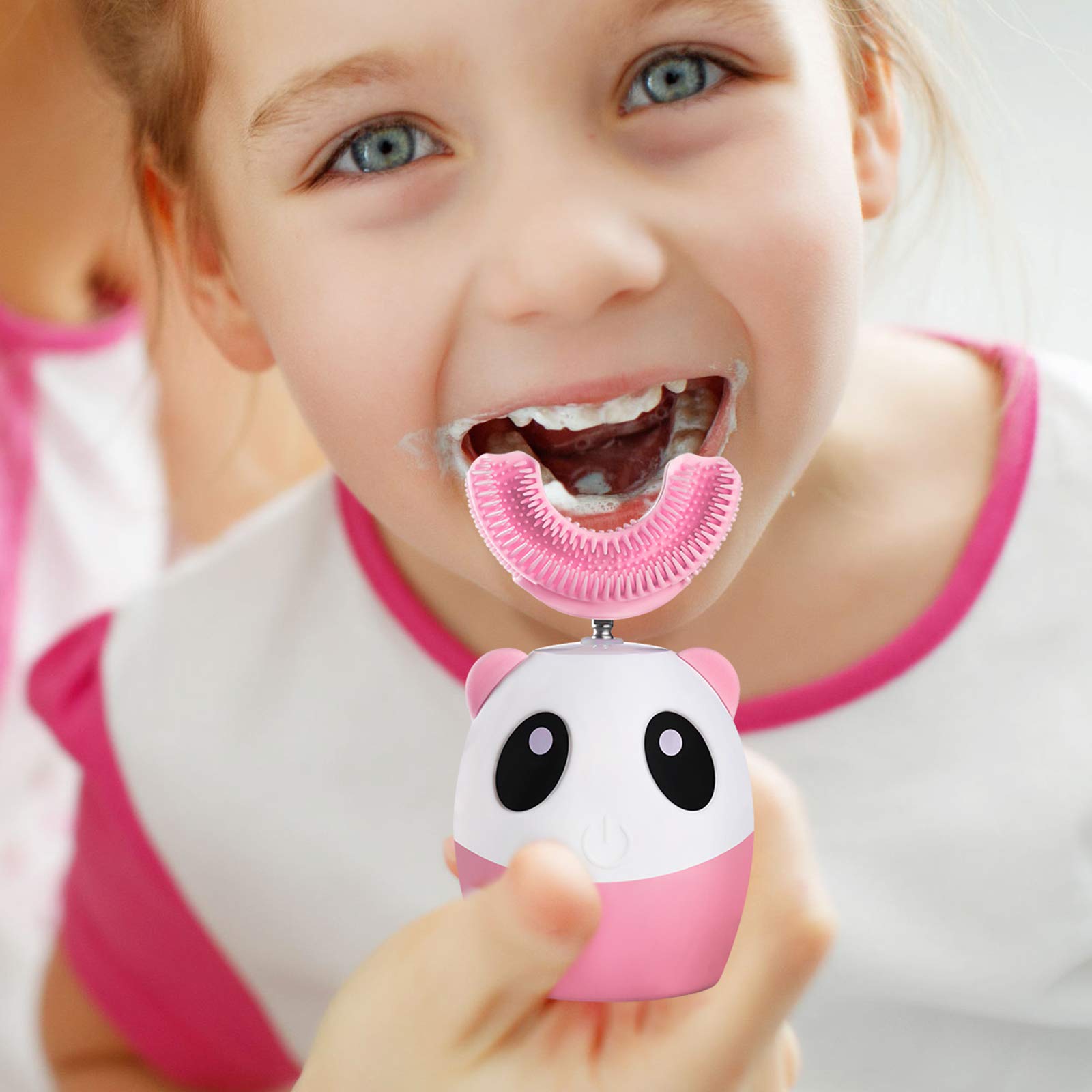 2 Pieces Kids U Shaped Electric Toothbrush, Ultrasonic Automatic Whitening Massage Toothbrush U-Type Cartoon Modeling Toothbrush with 4 Brush Heads for Sensitive Teeth Child 2-7 (Panda Style)