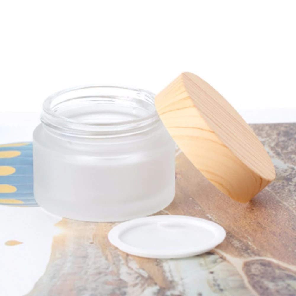 5 Pack 5g/10g/15g/30g/50g Frosted Glass Cream Jar,Empty Makeup Cosmetics Container Jar Pot With Wood Grain Lid for Face Cream Cosmetic Eye Shadow-FREE 5 Plastic Pick Stick