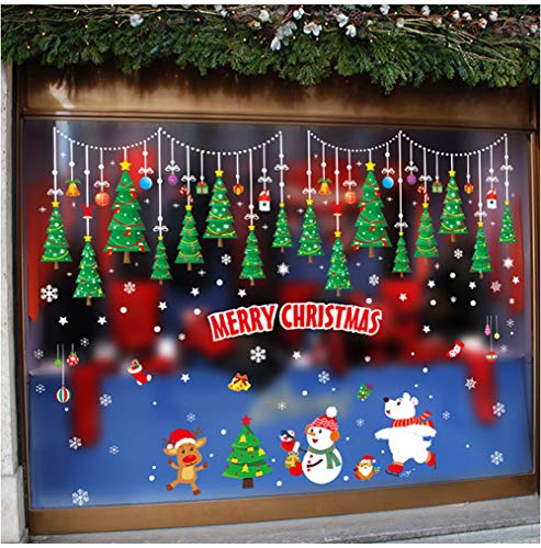 YULOONG Christmas Windows Static Stickers Colorful Clings Removable Vinyl Santa Claus Christmas Tree Snowman Snowflake Deer DIY Wall Window Door Mural Showcase Decal Sticker