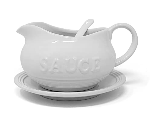 24 Oz Gravy Boat, Tray and Ladle | Ceramic White Gravy Dish With The Word "Sauce" On It