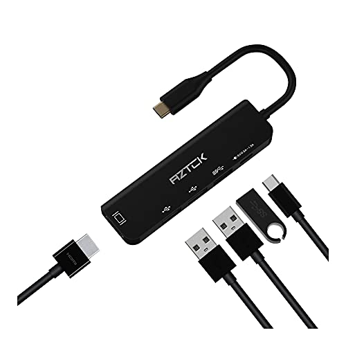 Aluminum USB Hub, USB-C Hub with 2.0 and 3.0 USB Ports, HDMI Port and 5V Charger, 5-in-1 USB Hub for USB C Devices, Black - AZTCK