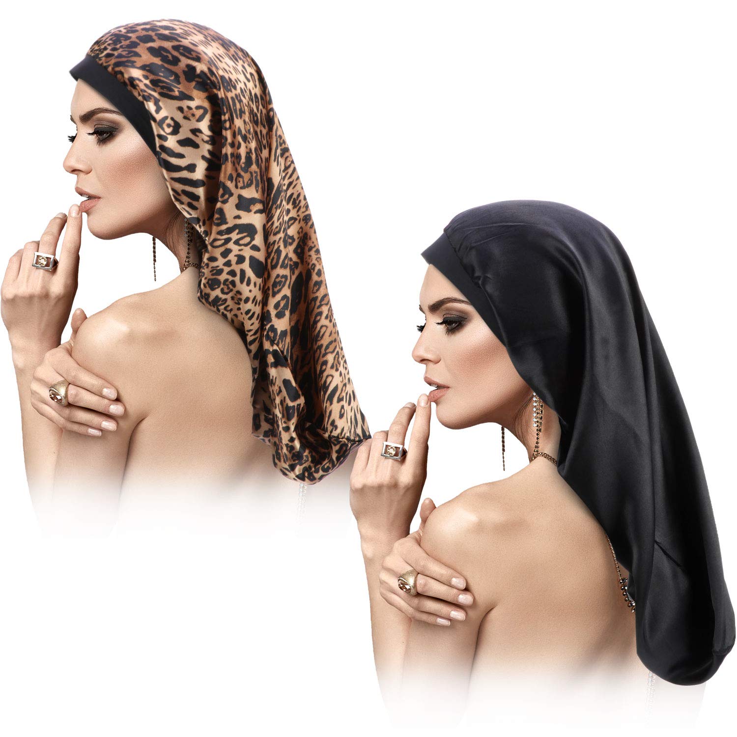 2 Pieces Sleeping Bonnet for Braids, Long Satin Bonnet Sleep Cap Soft Elastic Band Loose Cap Bonnets for Long Hair, Braids, Dreadlocks, Curly Hair (Leopard Print)