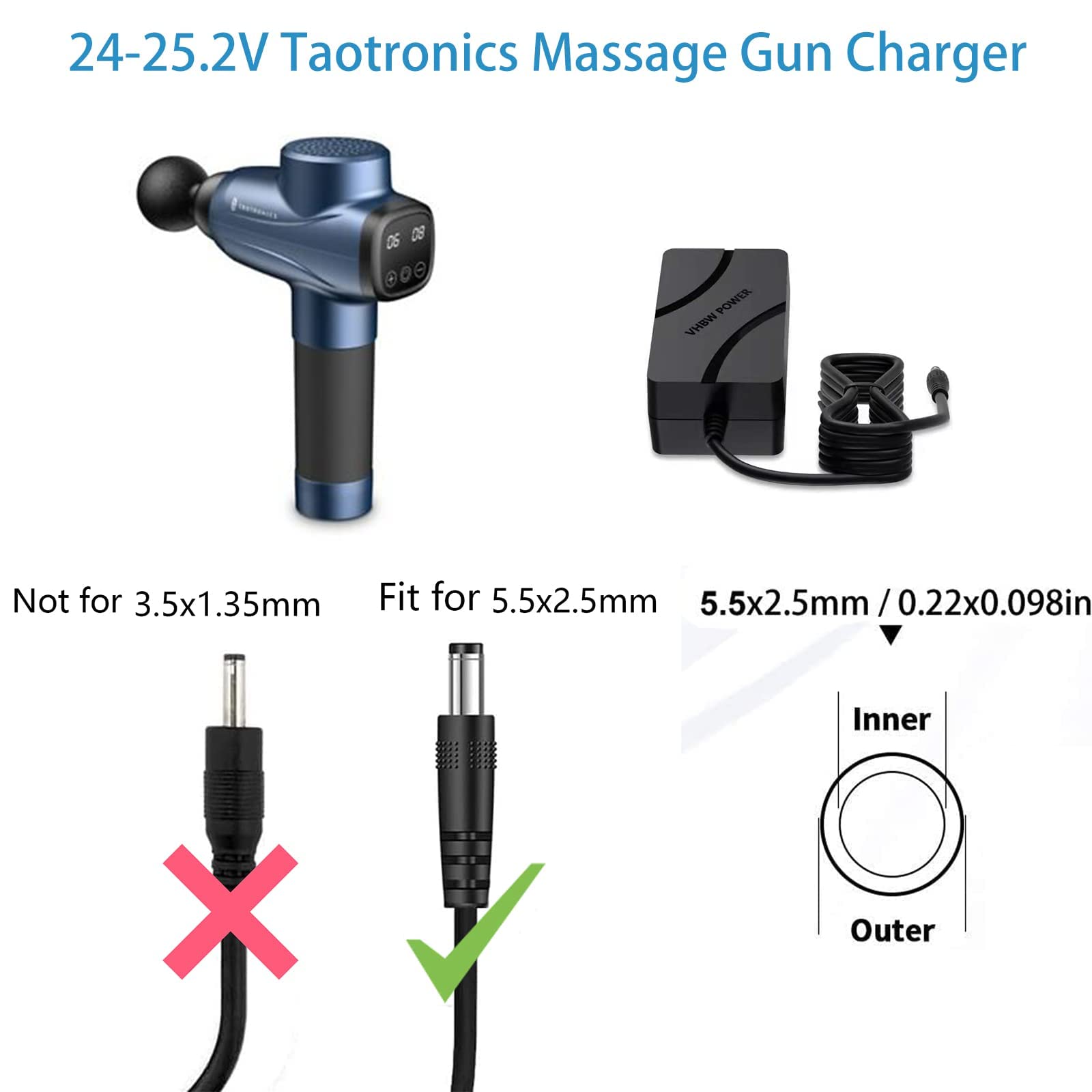 24-25.2V Massage Gun Charger for TaoTronics TT-PCA003,TOLOCO EM26 T11 Pro, Opove M3 Pro, Opove G3 Pro, Hyperice Hypervolt Muscle Power Cord