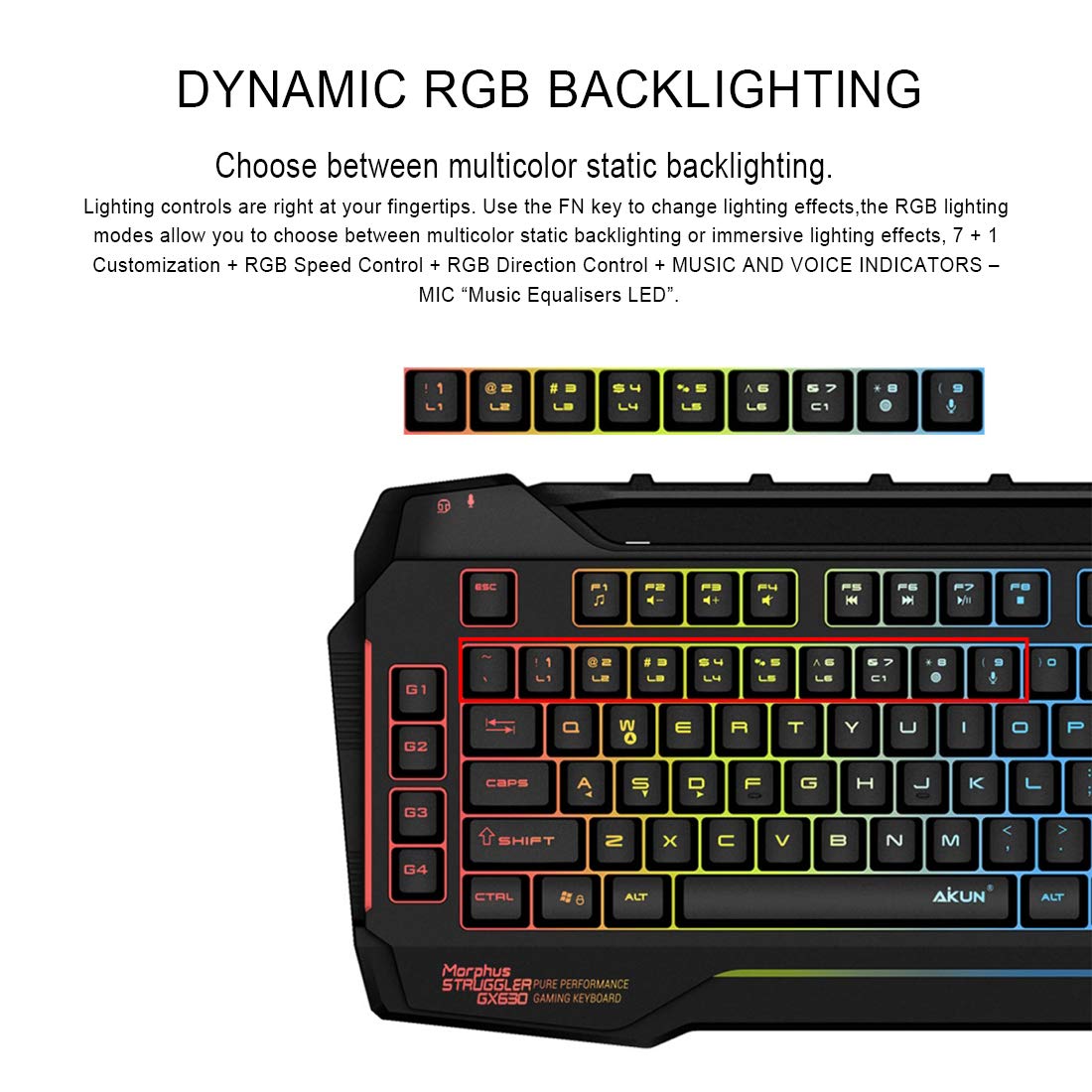 AIKUN Full Size Membrane Gaming Keyboard With 4 Macro Gaming keys,Voice Sensitive Rainbow Backlit,26 Anti-Ghosting Keys,Audio and USB Passthrough,Spill Resistant, Mobile Device Slot,Multimedia Control