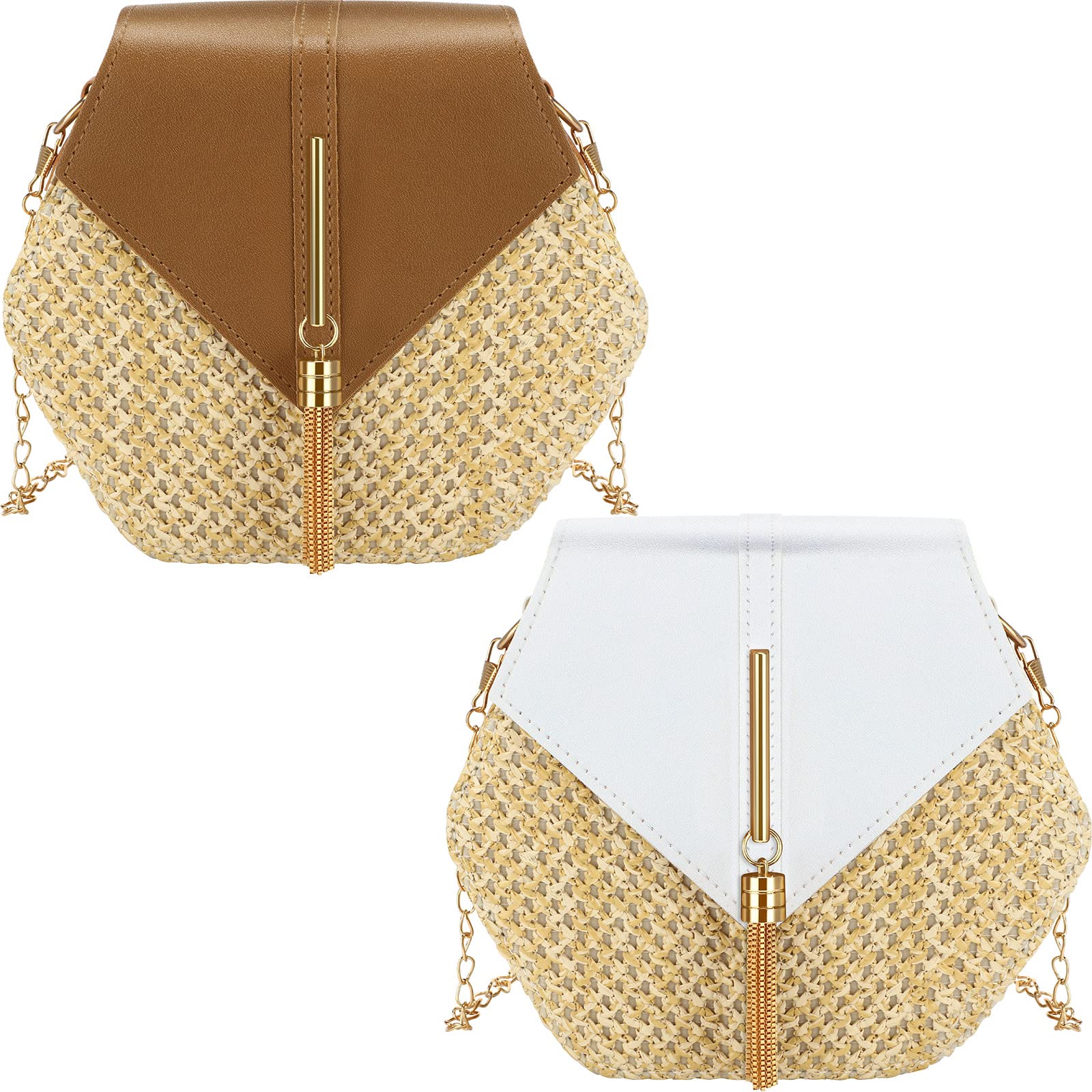 2 Pieces Straw Bag Straw Purse for Women Cute Crossbody Shoulder Bag Boho Woven Summer Vacation Beach Purse Hex Shape Straw Rattan PU Handbag Clutch (White, Brown)