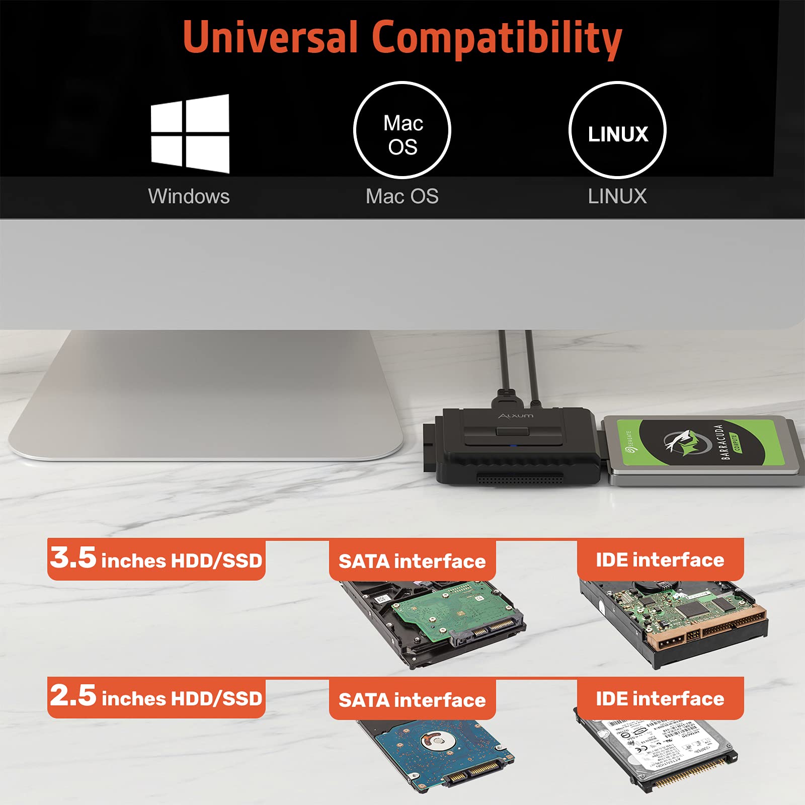 Alxum USB 3.0 to IDE SATA Converter, for Universal 2.5 & 3.5 inches SATA HDD SDD & IDE HDD Drives, Hard Drive Adapter with 12V 2A Power Adapter and USB 3.0 Cable (Type C)