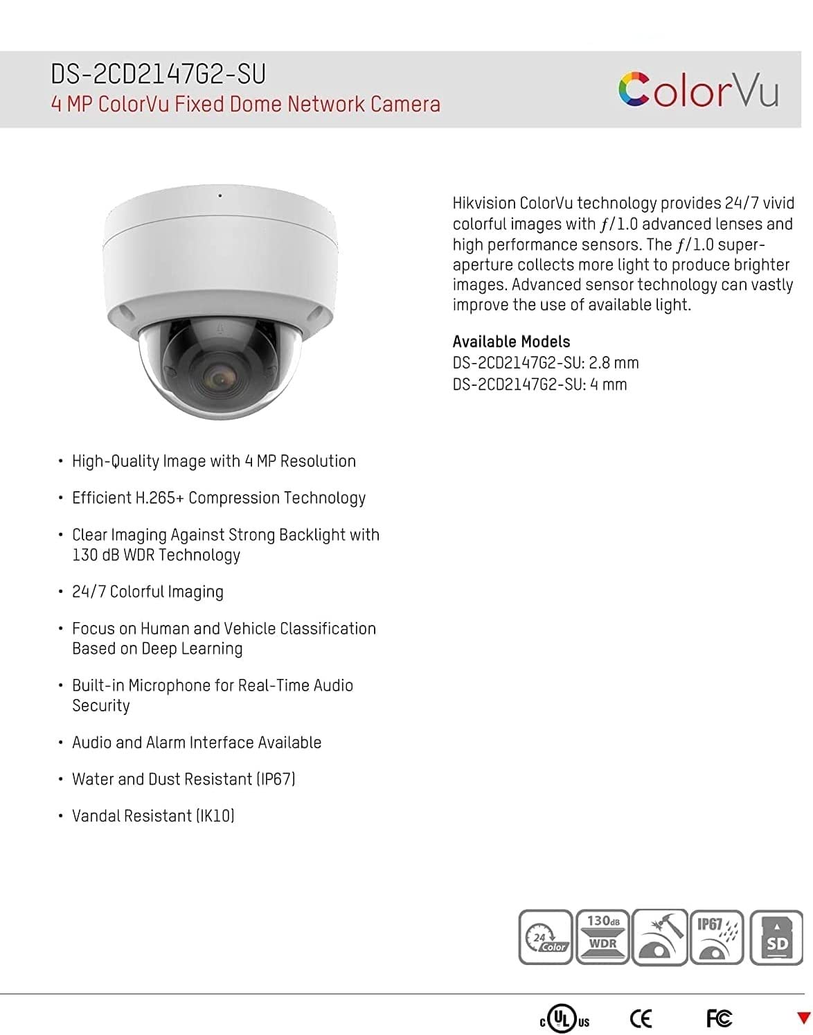 Ⲏіkvіsіon DS-2CD2147G2-LSU Acusense 4MP IP 247 Full Color Night Vision, 2.8mm PoE Dome Camera Outdoor IP67 IK10 H.265+ Built in Mic Compatible with Hikvision IP Camera NVR System