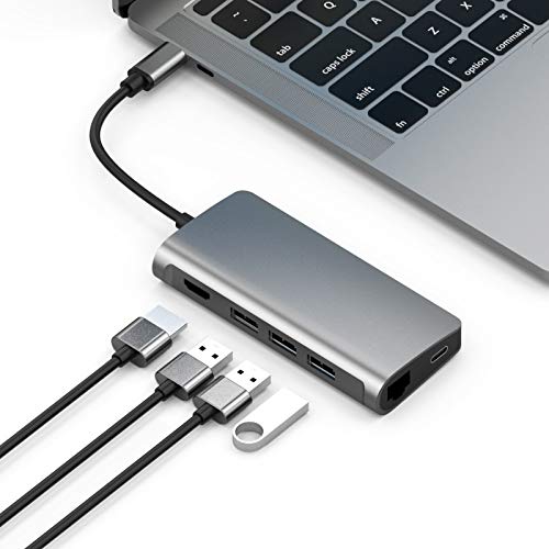 Jiali USB-C 4K Hub Converter T7 8 in 1 USB-C/Type-C to 3 USB 3.0 + USB-C/Type-C + HDMI + RJ45 Network Interfaces HUB Adapter with Micro SD/SD Card Slots(Grey) (Color : Grey)