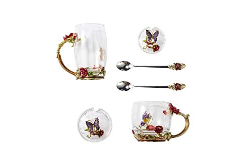 Flower Teacup Transparent Glass Teacup, (With Spoon + Lid) , Fancy Tea Cups , Flower Tea Cup,Tea Cup Gift, Gifts for Women,Mother's Day Present,Gift Box. (Rose Red High Cup)