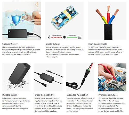 Alarmpore 24V 2A Power Supply 48W AC/DC Adapter 100~240V AC to DC 24 Volt 2 Amp Converter 2000mA with 5.5mmx 2.5mm Plug