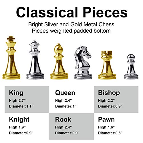 Agirlgle Metal Chess Set for Adults and Kids β Deluxe Chess Board with Chess Pieces β Travel Wooden Chess Set with Metal Pieces β Folding Chessboard β Ideal for Beginners and Professional Players