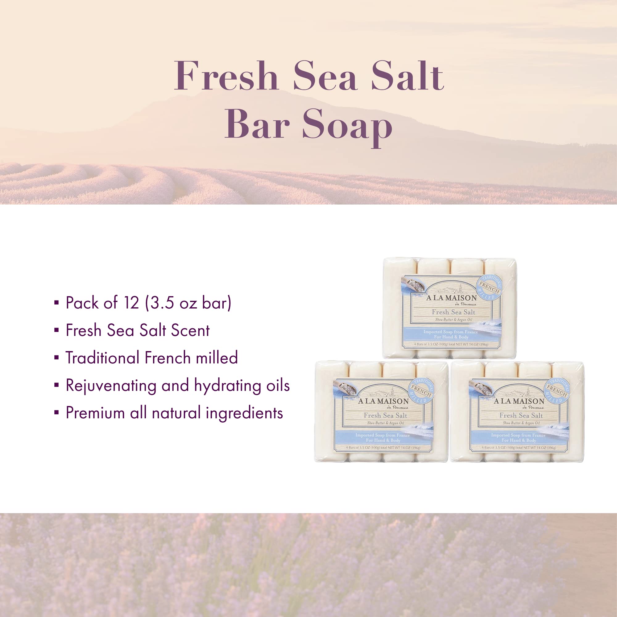 A LA MAISON Fresh Sea Salt Bar Soap - Uses: Hand and Body, Triple Milled, Essential Oils, Biodegradable, Plant Based, Vegan, Cruelty-Free, Alcohol & Paraben Free (12 Bars of Soap, 3.5 oz)