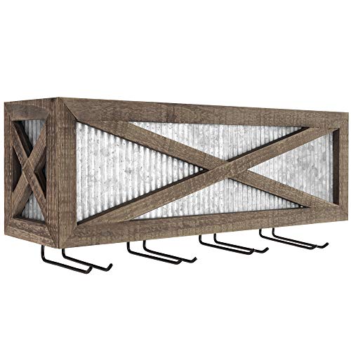 Autumn Alley Rustic Barn Door Wine Rack with Glass Storage - Country Home Decor Rustic Farmhouse for Kitchen, Dining Room β Wood and Metal Wine Wall Mount Storage β Holds 5 Bottles, 4 Stemmed Glasses