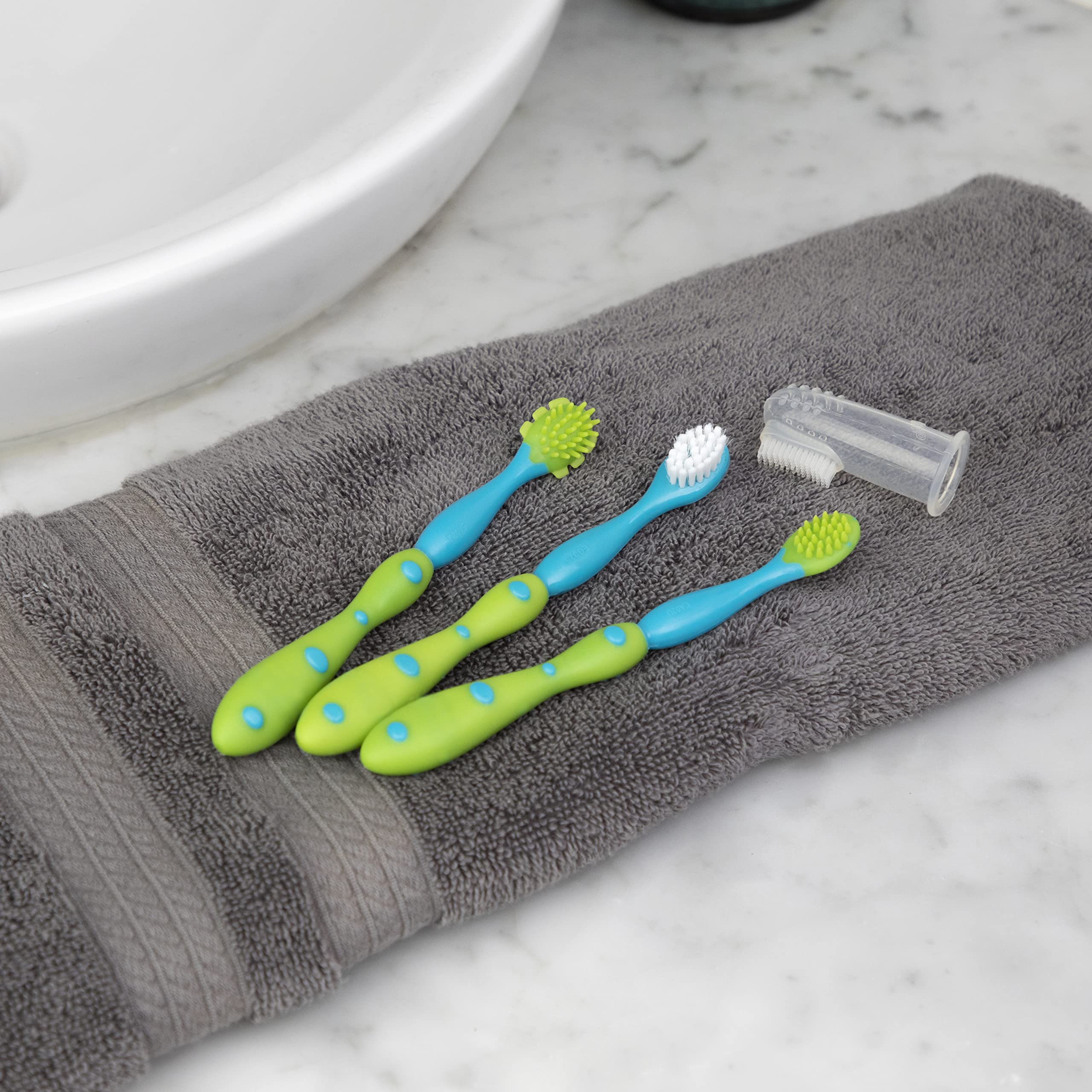 Dr. Talbot's Oral Care Set with Stand; 4-Stage System with 1 Silicone Finger Massager, 2 Massaging Brushes, 1 Soft Nylon Bristle Toddler Toothbrush; 0+ Months, Blue & Aqua