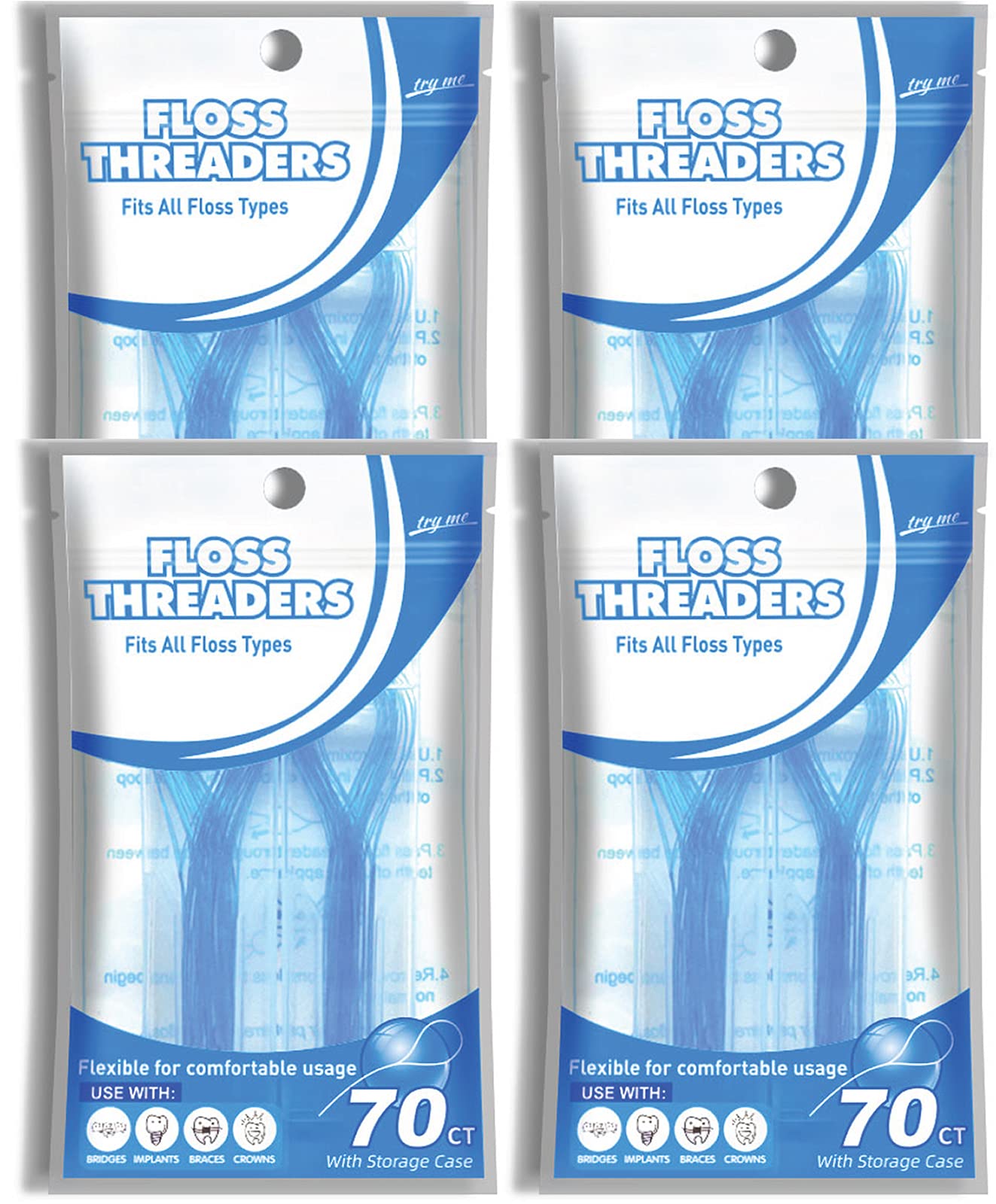 Dental Floss Threaders 4 Packs of 70 (280 Threaders)