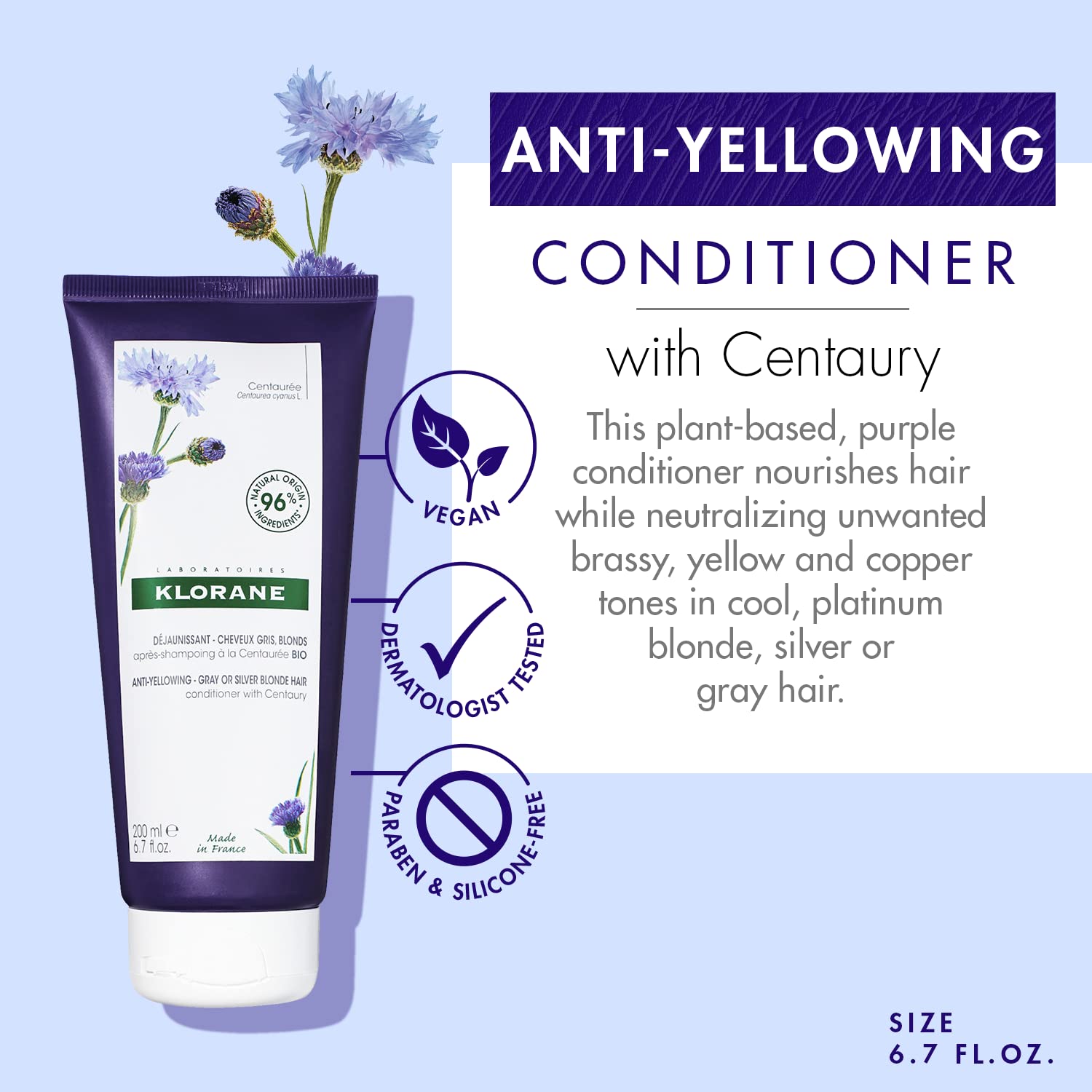 Klorane Plant-Based Purple Conditioner with Centaury, Brightens Blonde, Platinum, Silver, Gray or White Hair, Neutralizes Unwanted Yellow and Copper Tones, Paraben, Silicone and Sulfate Free, 6.7 fl.oz.