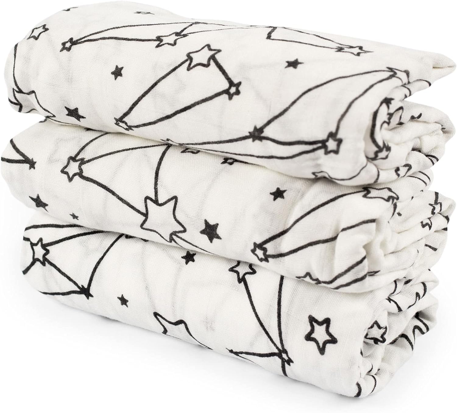 Iron Lily Muslin Swaddle Blankets for Baby Boys & Girls -Stars (3pack) - 70% Rayon derived from Bamboo, 30% Cotton- Newborn Black and White Muslin Blanket Baby - Receiving Muslim Infant Wrap Swaddles