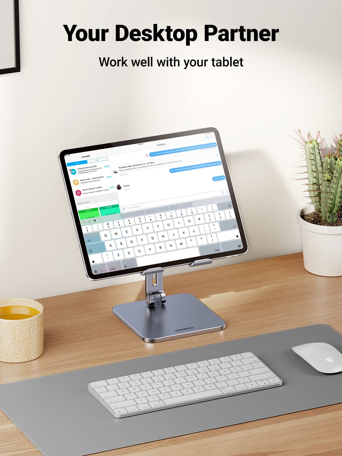 UGREEN Tablet Stand Compatible for iPad Desk Stand Holder Adjustable Aluminum Thicker Base Compatible with iPad Pro Air Mini 13 12.9 11 Inch Home Office Desk Accessories Grey