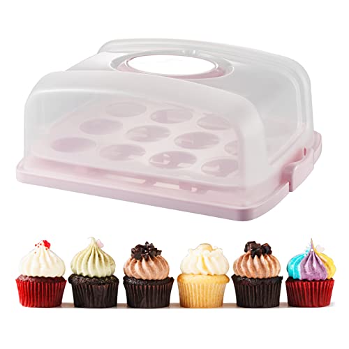 ZOAJU Pink Cake and Cupcake Carrier with Collapsible Handles, Portable Cake Holder Box Holds up to 11"(L) X 7"(W) Cake or Less for Transports Pies, Muffins, Cookies and Other Desserts