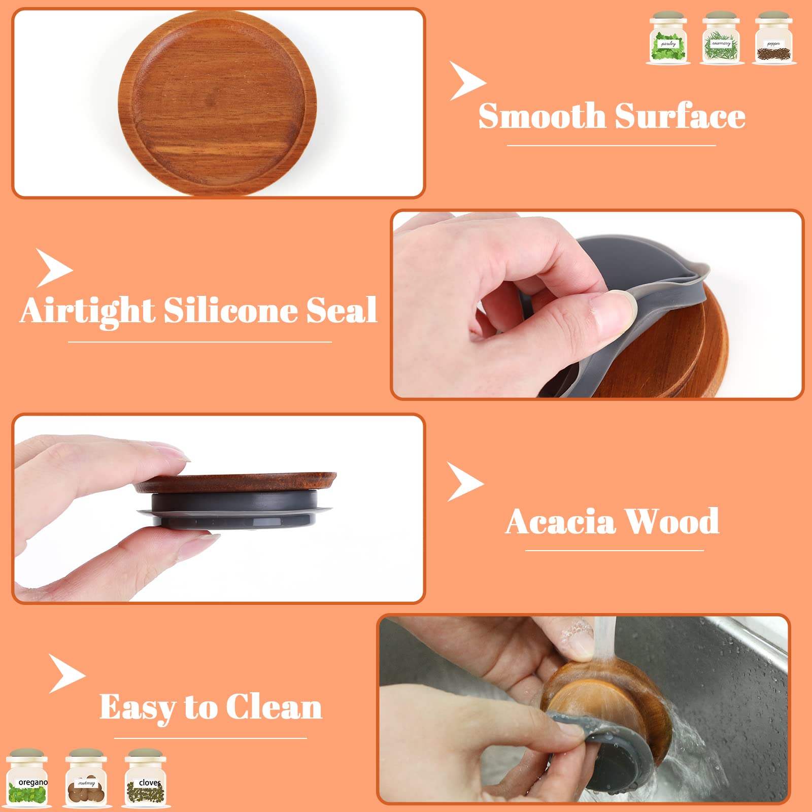 12Pack Regular Mouth Mason Jar Lids - Acacia Wooden Storage, Canning Ball Jar with Airtight Silicone Seal, Brown.
