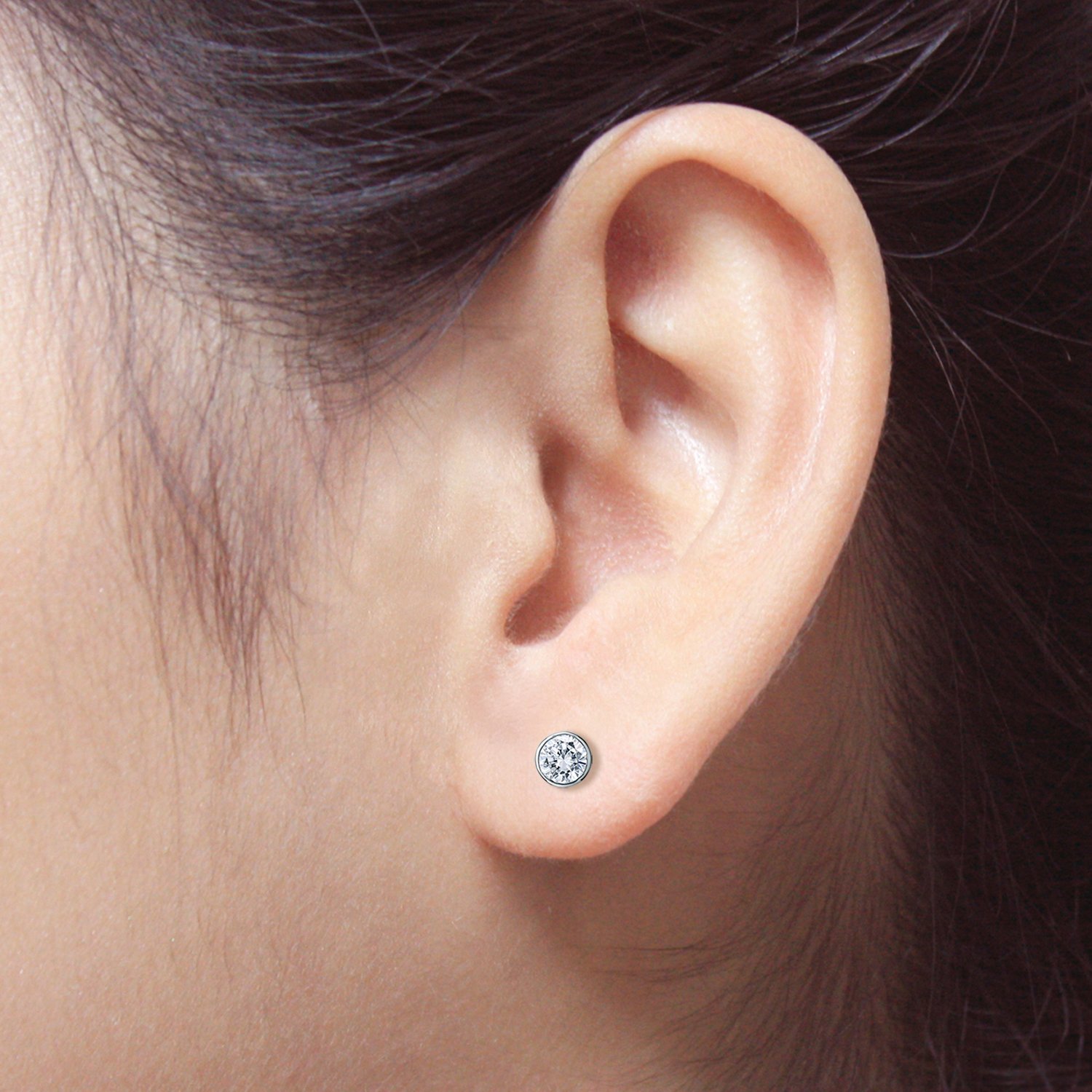 1/5 Carat Diamond Round Stud Earrings in 14k White Gold (I1-I2, cttw) Bezel Set Screw Back by Diamond Wish