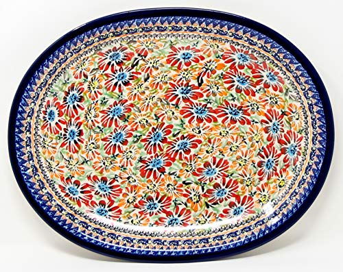 Polish Pottery Large Serving Platter in Floral Garden Pattern painted by Anna Janczyk from Zaklady Boleslawiec, dimensions 13.5" x 11"